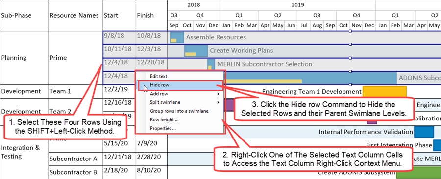 Hiding and Unhiding Rows and Swimlanes for Version 7.0 - OnePager Documentation