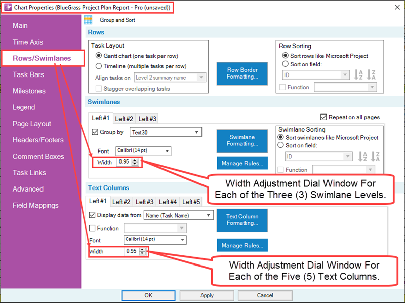 Resizing the Width of Text Columns and Swimlanes for Version 7.2 - OnePager Documentation