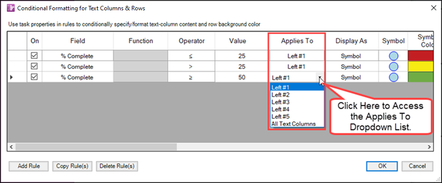 Conditional Formatting Rules for Text Columns and Rows for OnePager for Version 7.2 - OnePager ...
