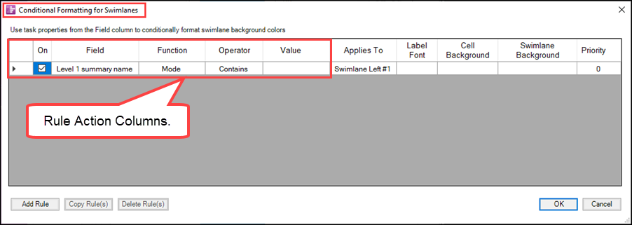 Conditional Formatting Rules for Swimlanes for OnePager for Version 7.2 - OnePager Documentation