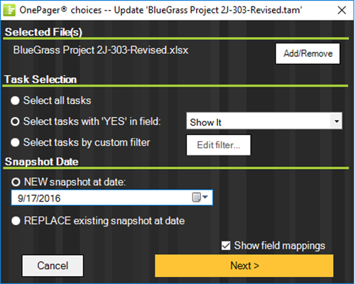 ADDING a Snapshot via Push Update - OnePager Express Add-in for Version 6.0 - OnePager Documentation