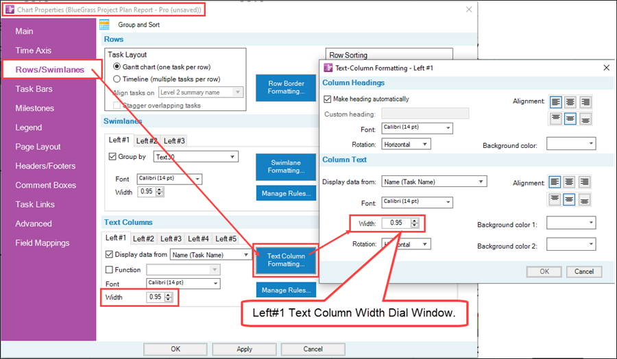 Resizing the Width of Text Columns and Swimlanes for Version 7.2 - OnePager Documentation