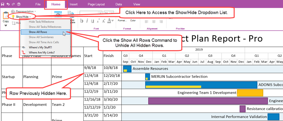 Hiding and Unhiding Rows and Swimlanes for Version 7.0 - OnePager Documentation