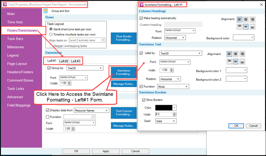 Rows/Swimlane Tab for Version 7.2 - OnePager Documentation