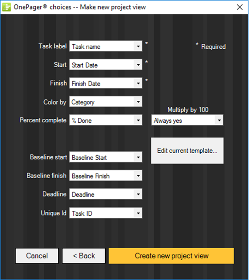 Creating a NEW Project View - OnePager Express Add-in for Version 6.1 - OnePager Documentation