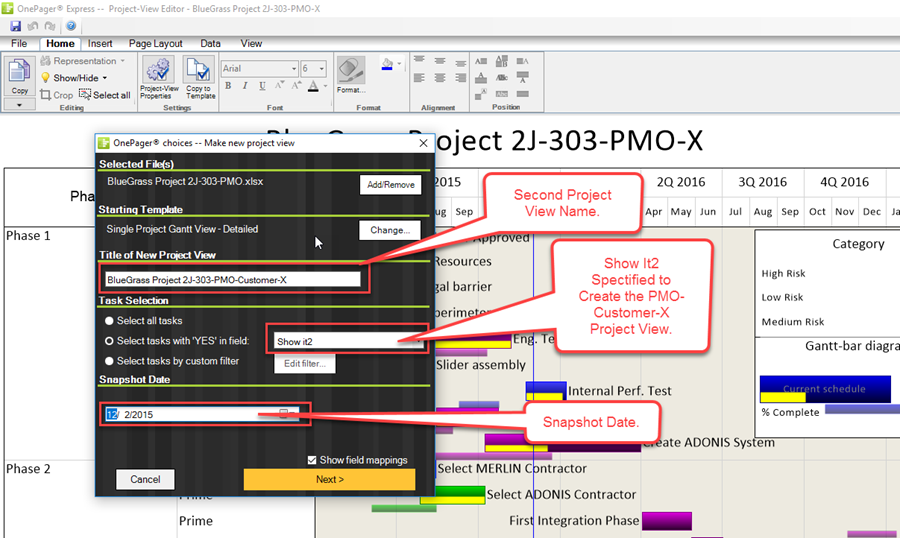 Creating a NEW Project View via Pull Operation - OnePager Express for Version 6.1 - OnePager ...