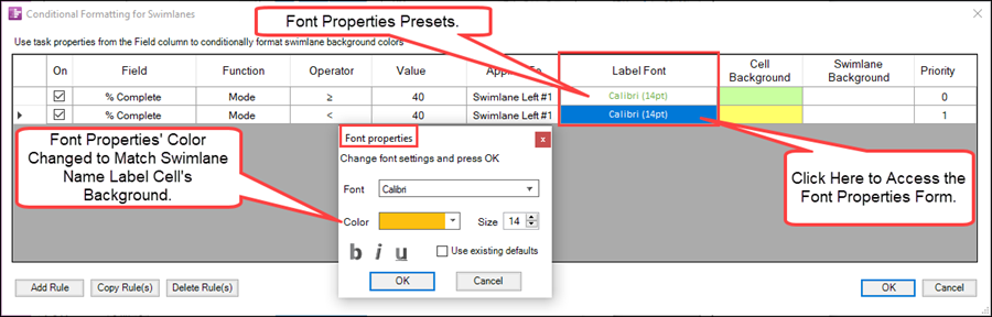 Conditional Formatting Rules for Swimlanes for OnePager for Version 7.2 - OnePager Documentation
