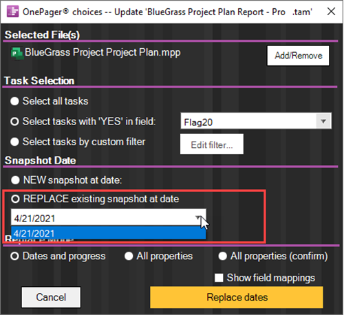 REPLACING a Snapshot via Push Update using a OnePager Chart for Version 7.1 - OnePager Documentation