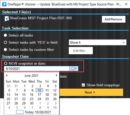 ADDING a Snapshot via Push Update to a OnePager Chart for Version 7.1 - OnePager Documentation