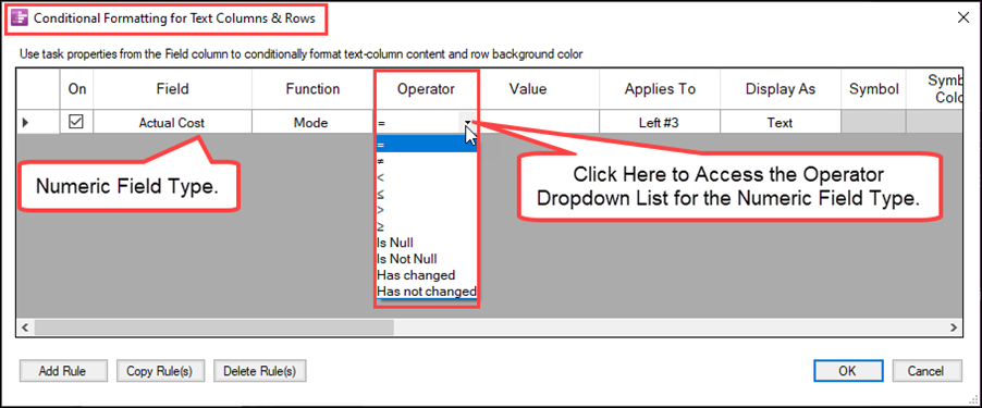 Conditional Formatting Rules for Text Columns and Rows for OnePager for Version 7.2 - OnePager ...