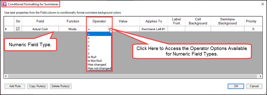 Conditional Formatting Rules for Swimlanes for OnePager for Version 7.2 - OnePager Documentation
