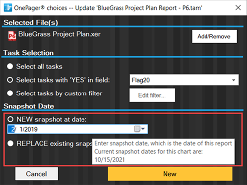 ADDING a Snapshot via Push Update to a OnePager Chart for Version 7.1 - OnePager Documentation