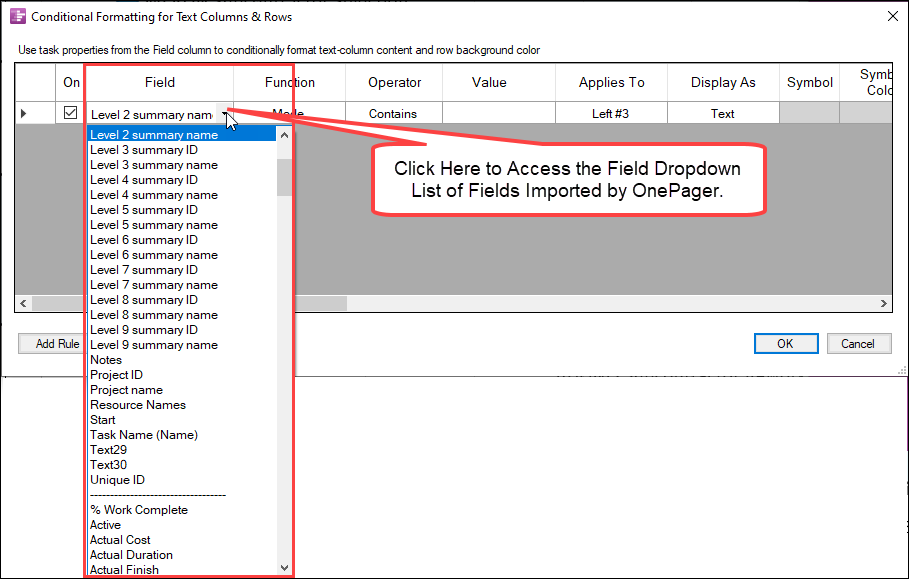 Conditional Formatting Rules for Text Columns and Rows for OnePager for Version 7.2 - OnePager ...