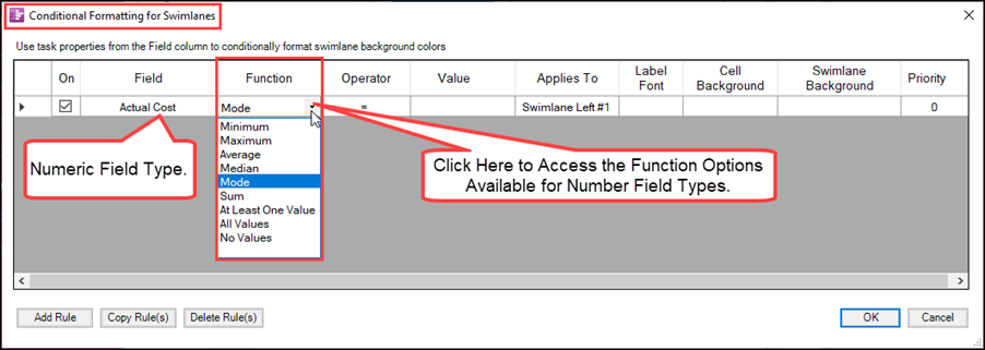 Conditional Formatting Rules for Swimlanes for OnePager for Version 7.2 - OnePager Documentation