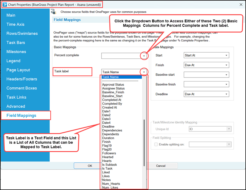 Field Mappings Tab for Asana in OnePager Version 7.2 - OnePager Documentation